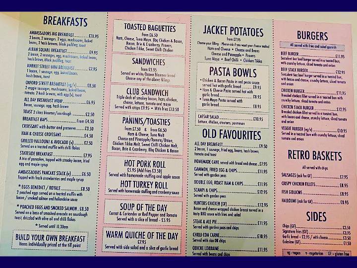 Menu at Ambassadors cafe, Aberaeron, 3 Sgwar Alban