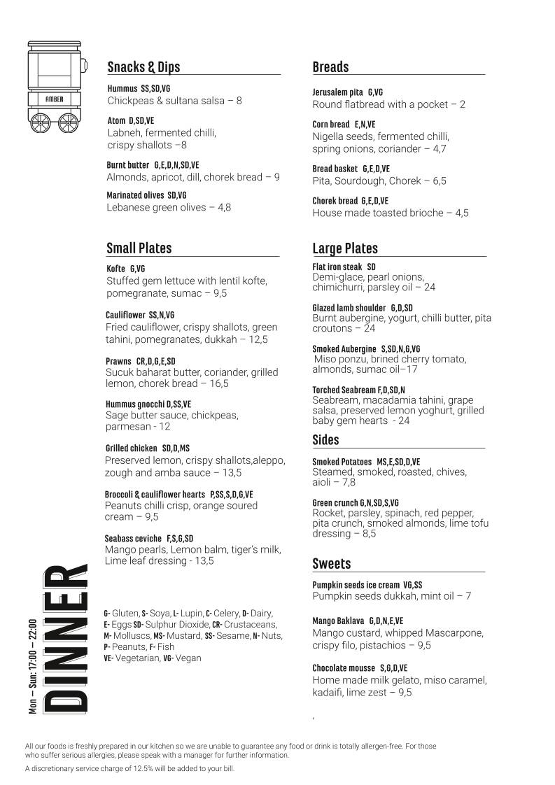 Menu at Amber Restaurant, London, 21 Piazza Walk