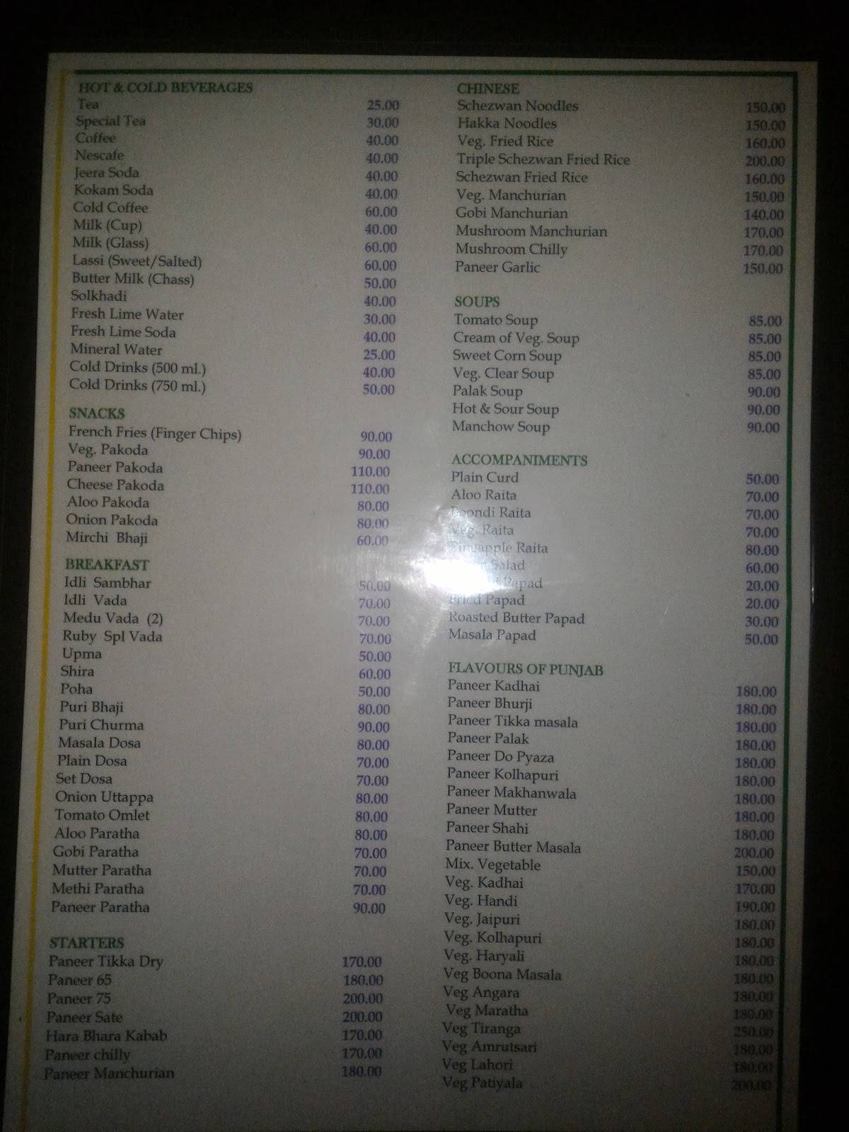 Menu at Amboli Ruby Resort 2, India