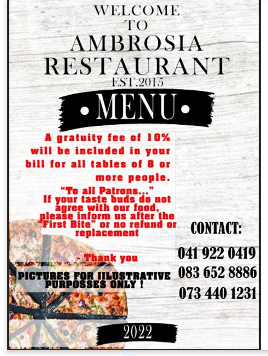 Menu at Ambrosia Restaurant, Uitenhage