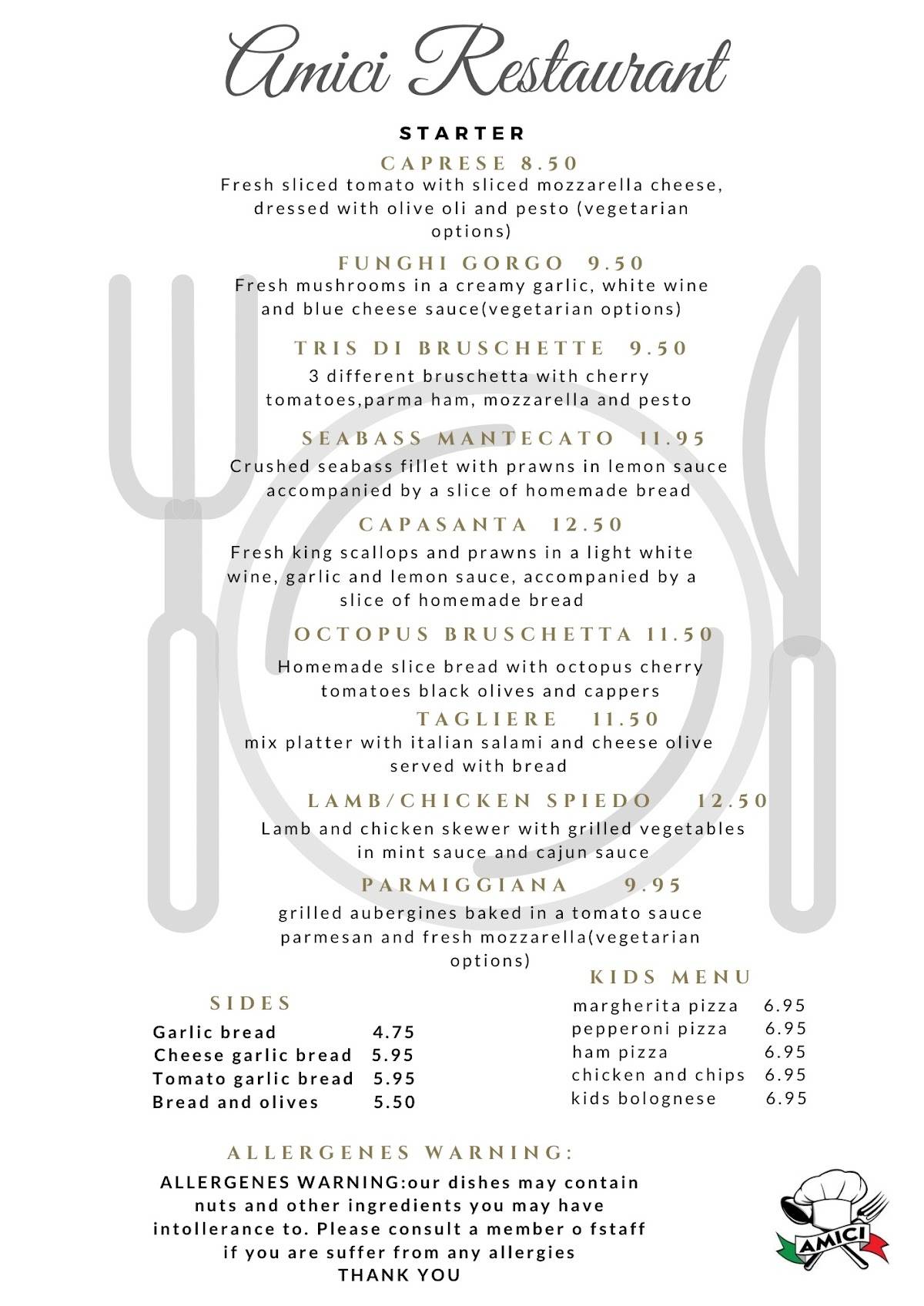 Menu at Amici restaurant, Shanklin