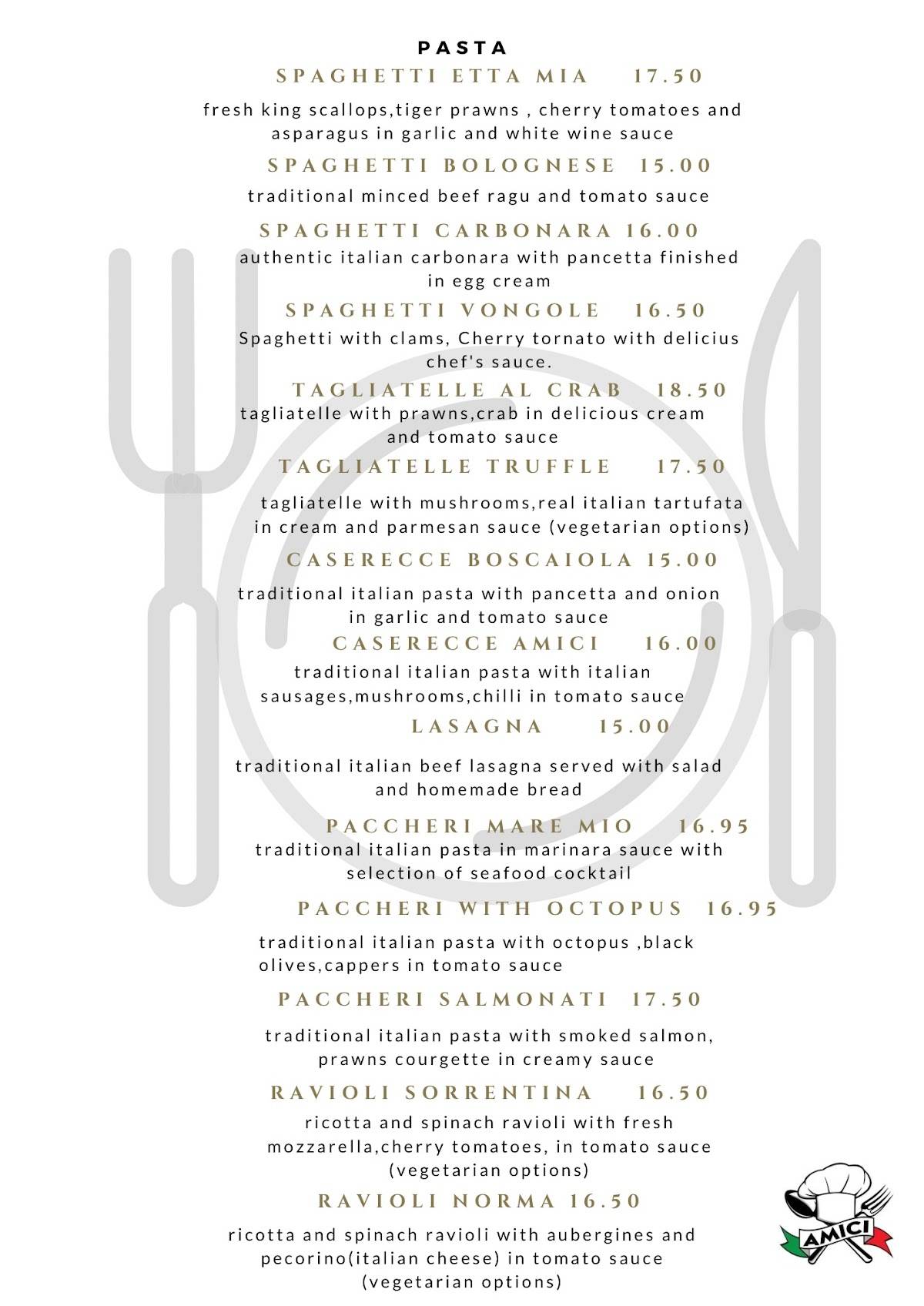 Menu at Amici restaurant, Shanklin