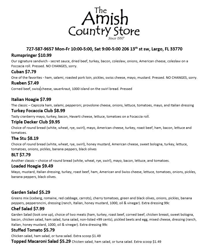 Menu at Amish Country Store restaurant, Largo