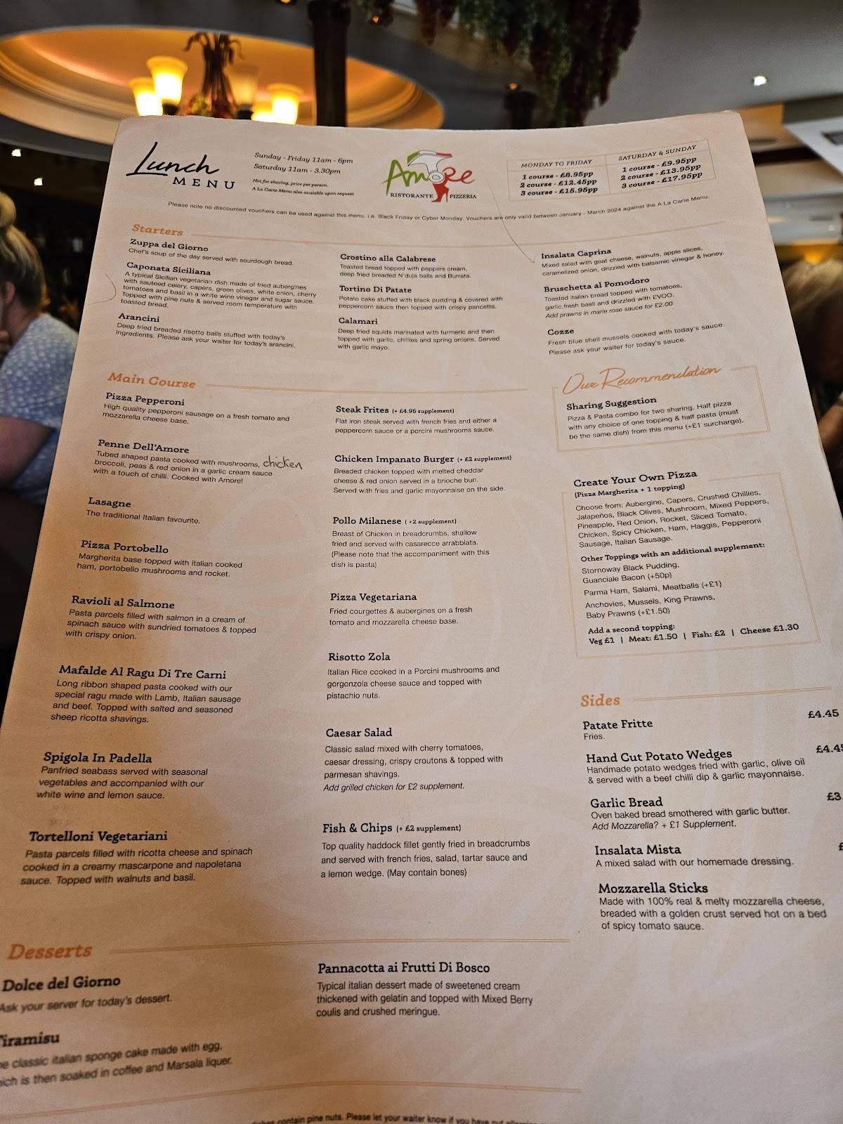 Menu at Amore Ristorante e Pizzeria, Glasgow, 30 Ingram St