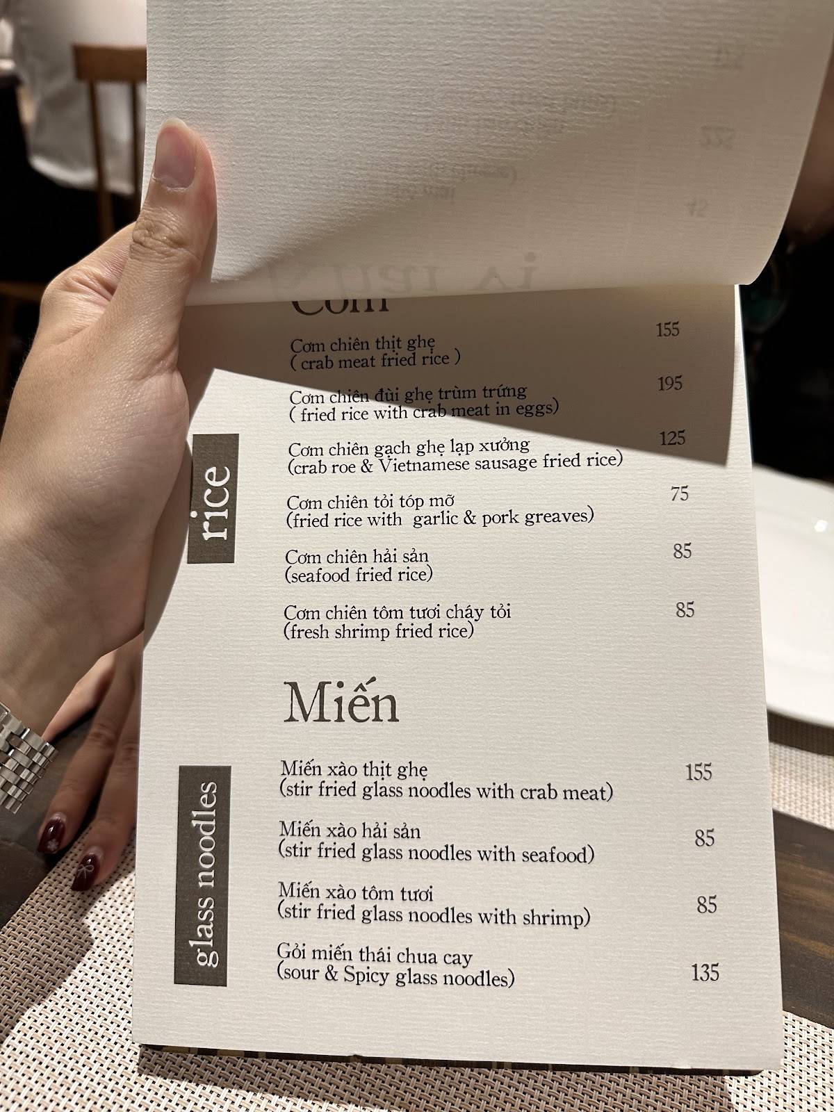Menu at An Cua restaurant, Ho Chi Minh City