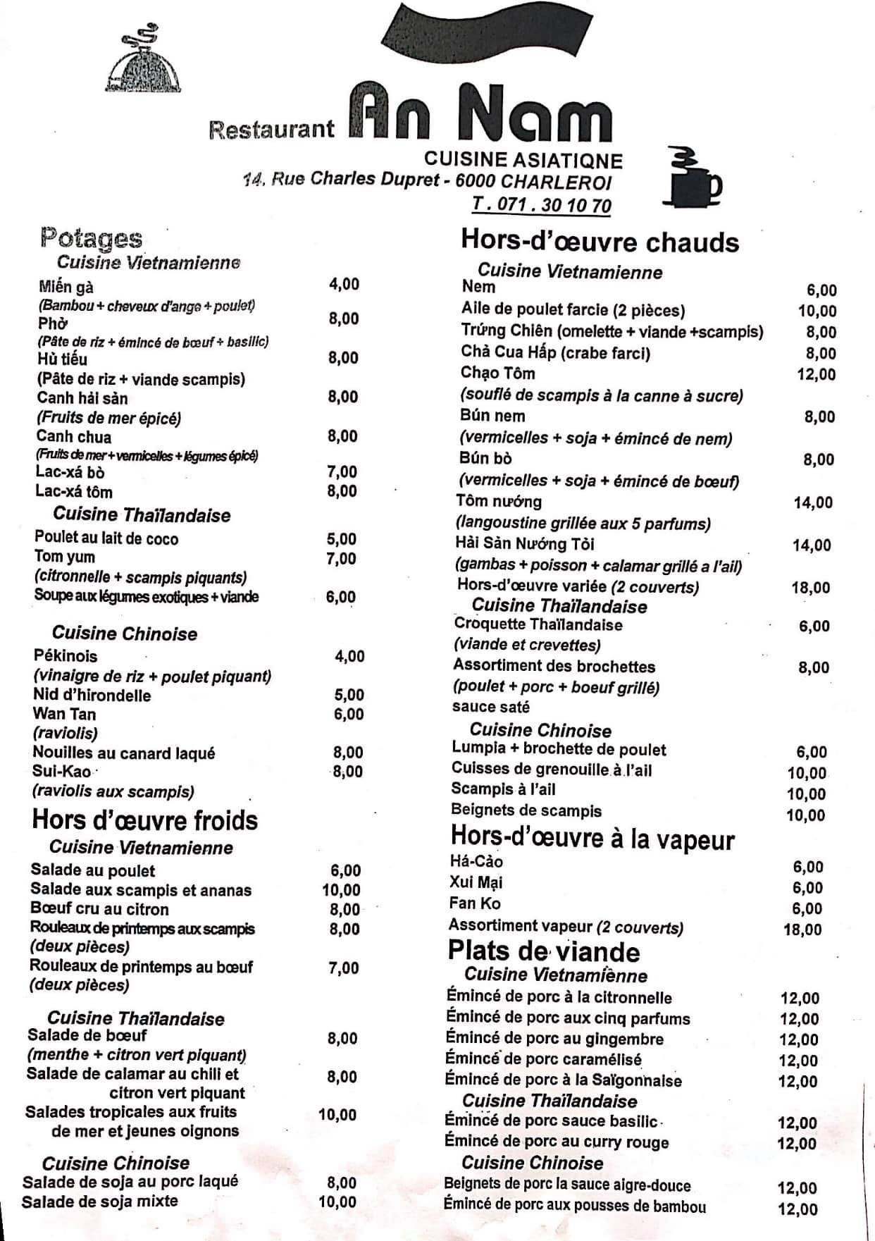 Menu au An-nam restaurant, Charleroi