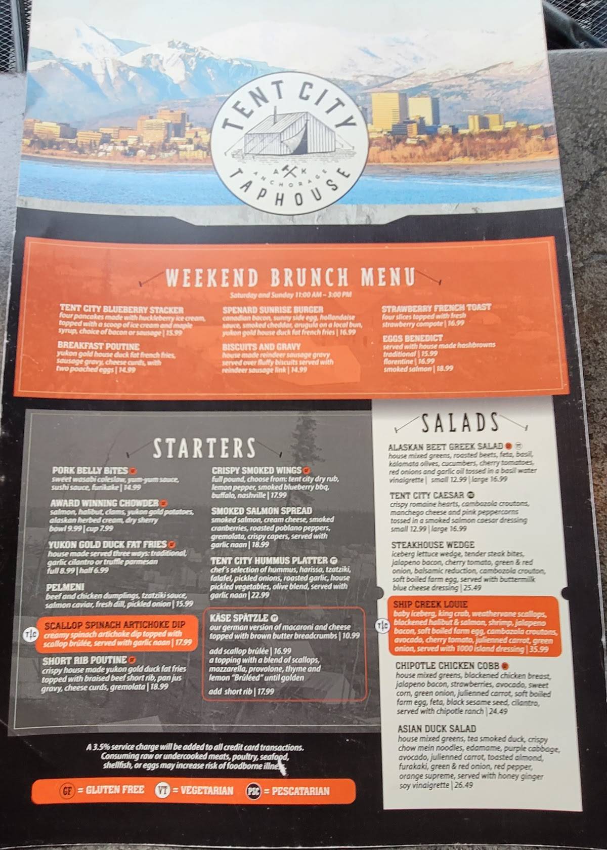 Menu at Tent City Taphouse pub & bar, Anchorage
