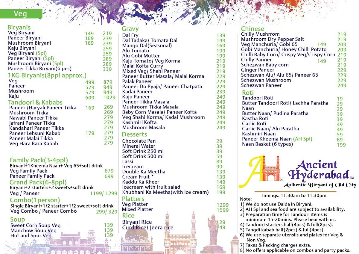 Menu at Ancient Hyderabad, Pune, next to Quadron