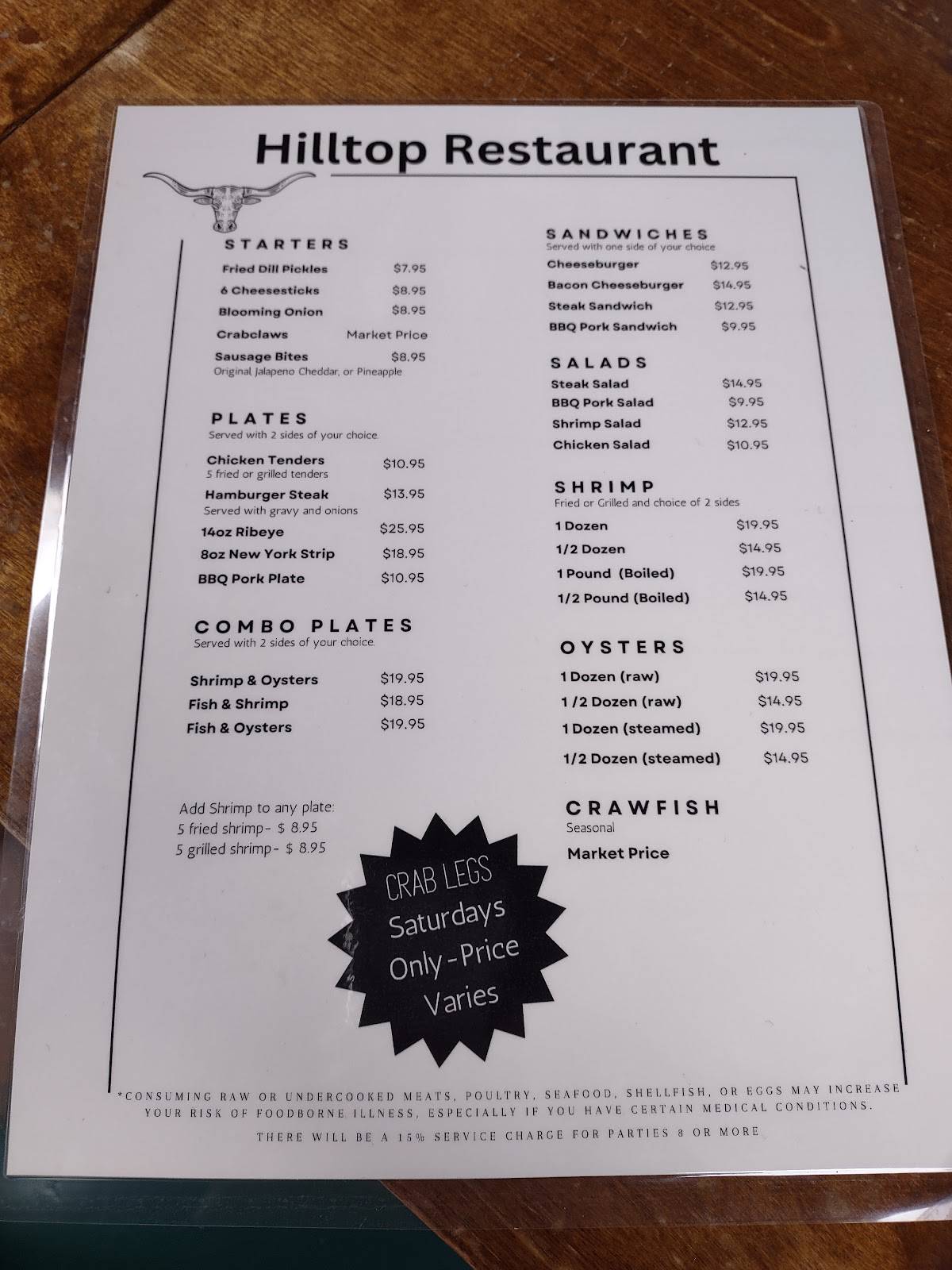 Menu at Hilltop Restaurant, Andalusia