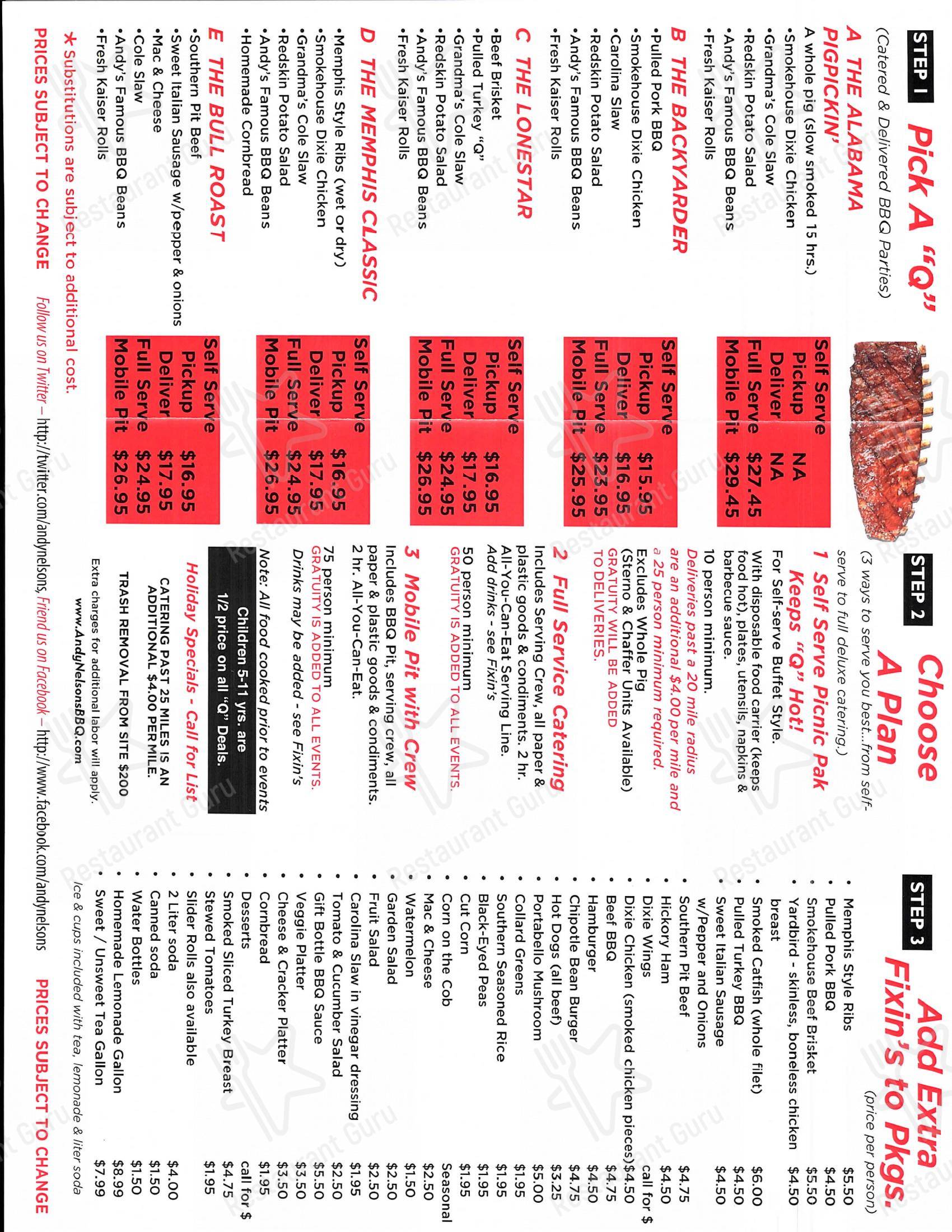 Menu at Andy Nelson's Barbecue Restaurant & Catering, Cockeysville