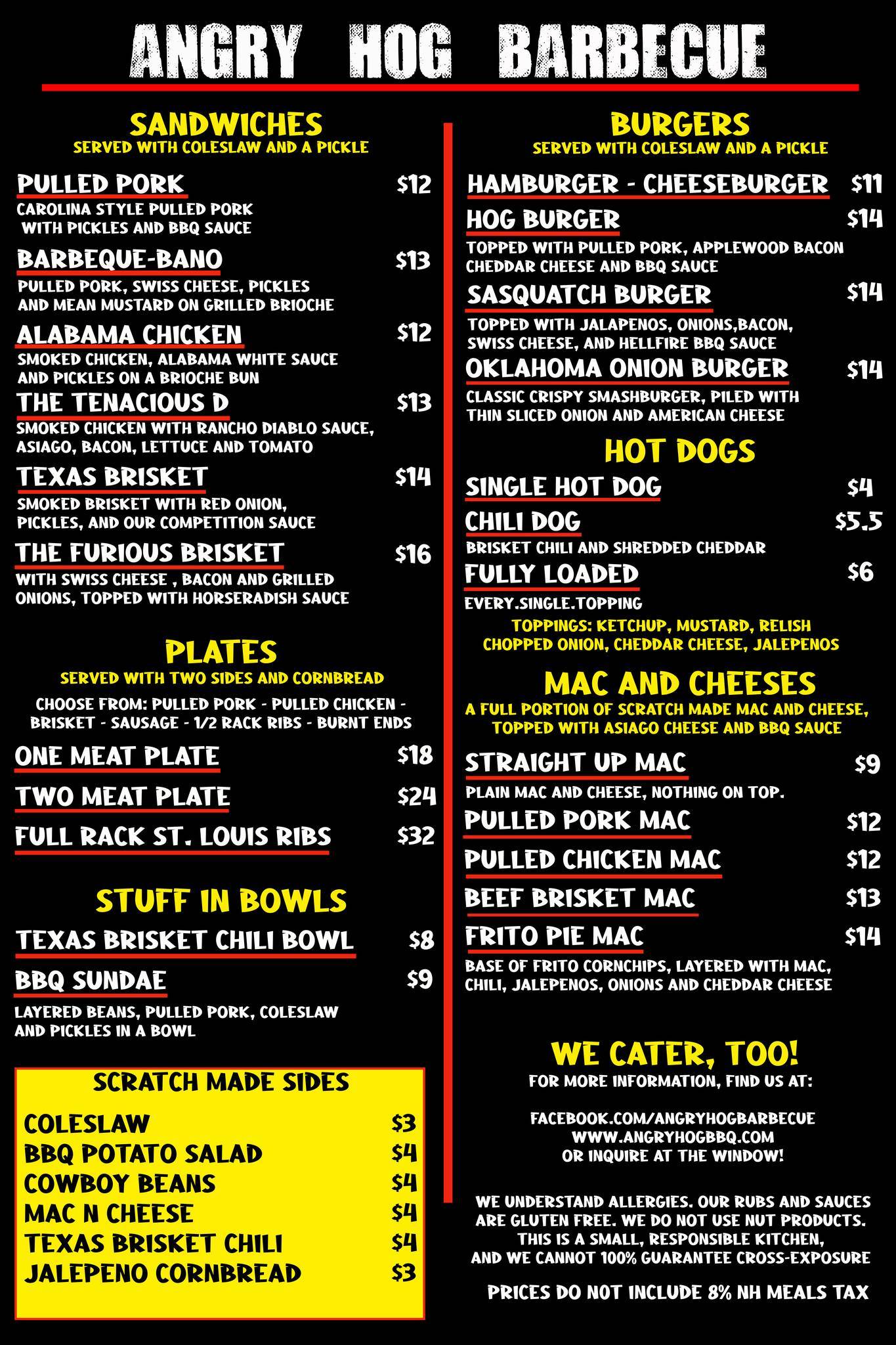 Menu at Angry Hog Barbecue, Laconia, 263 Lakeside Ave