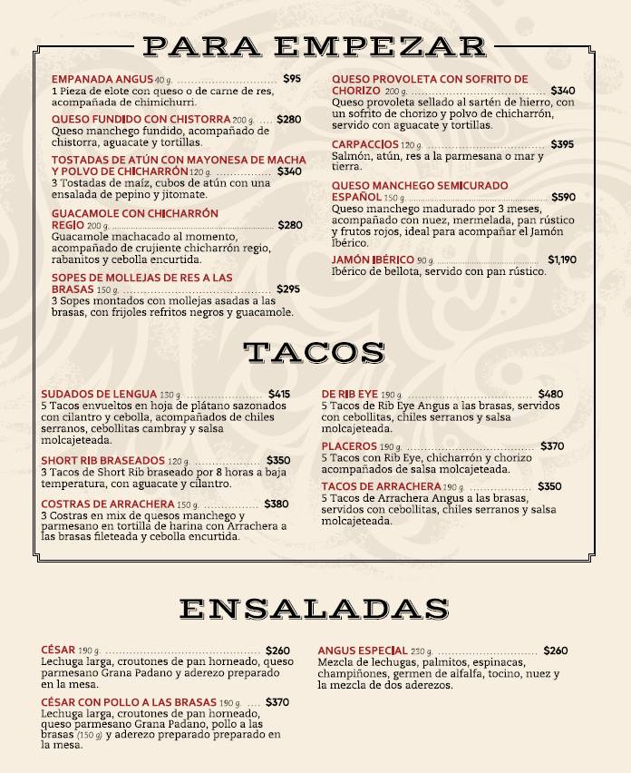 Carta del restaurante Angus, Naucalpan del Juárez