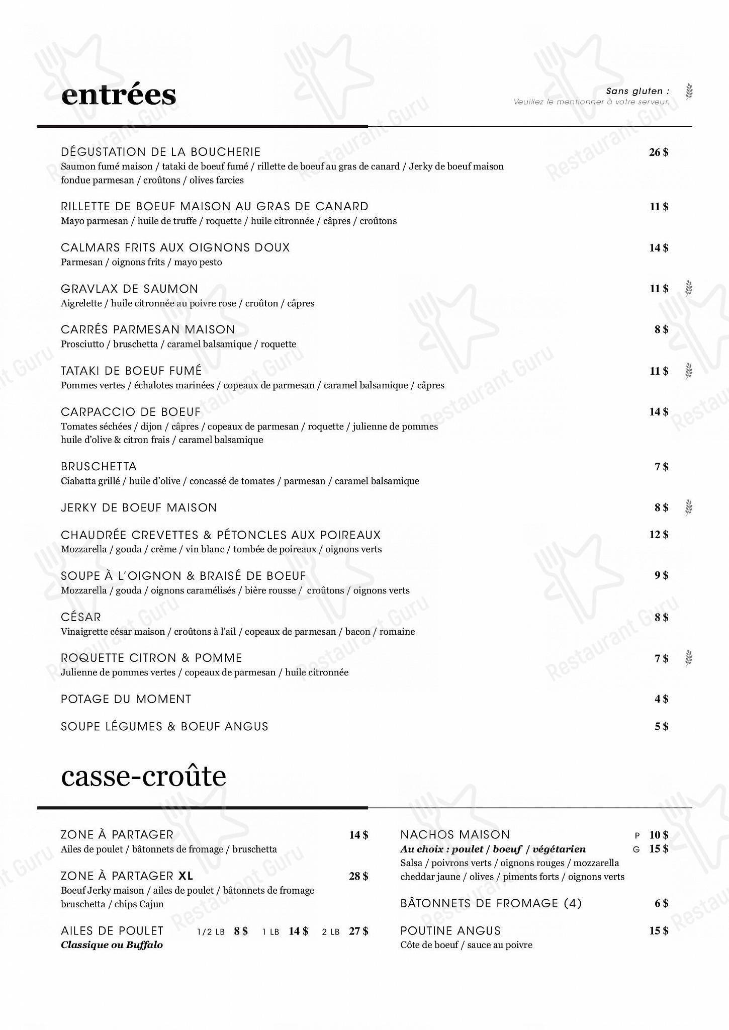 Menu au Angus Zone pub et bar, Saint-Agapit