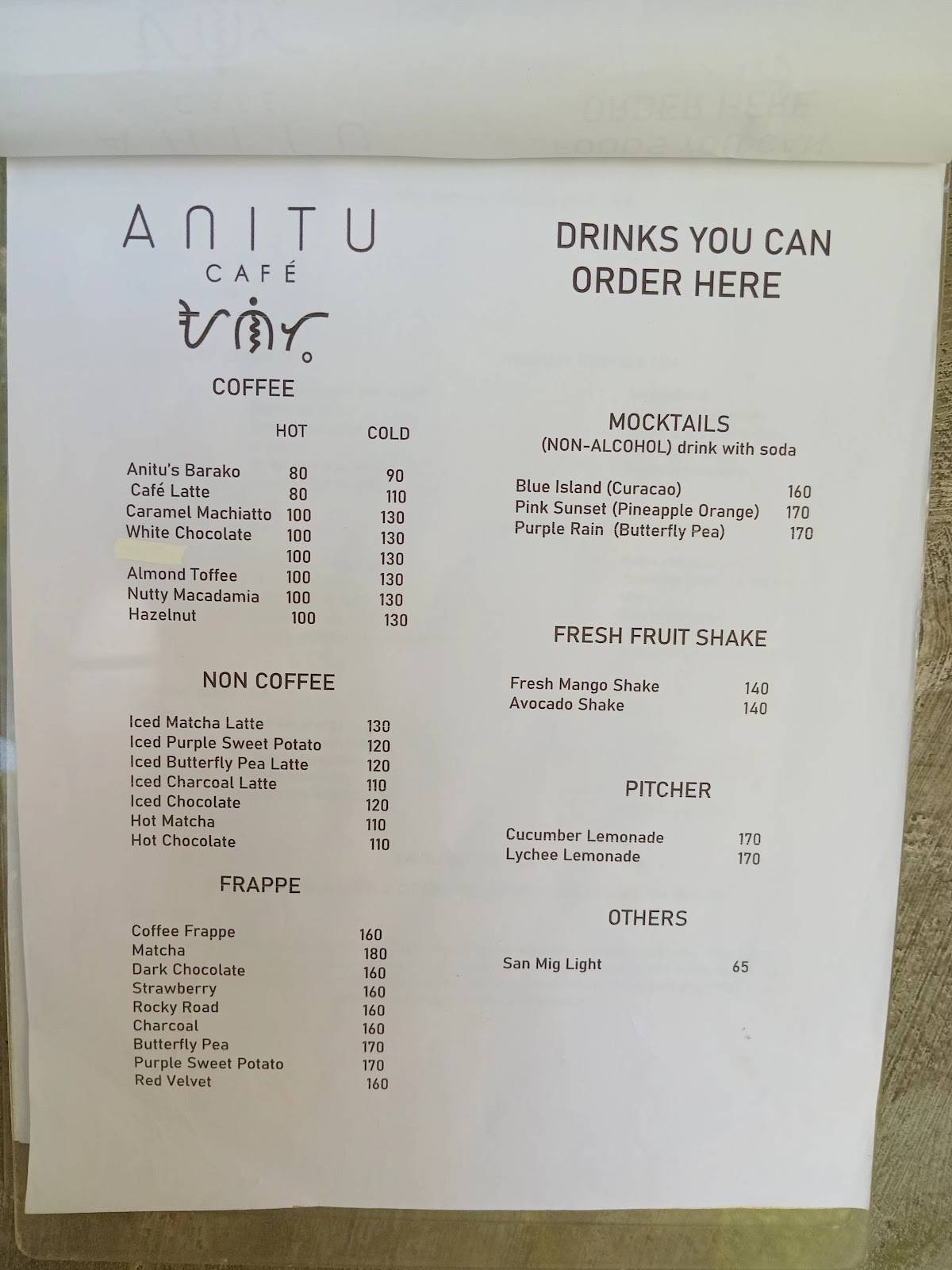 Menu at Anitu Café, Zarraga