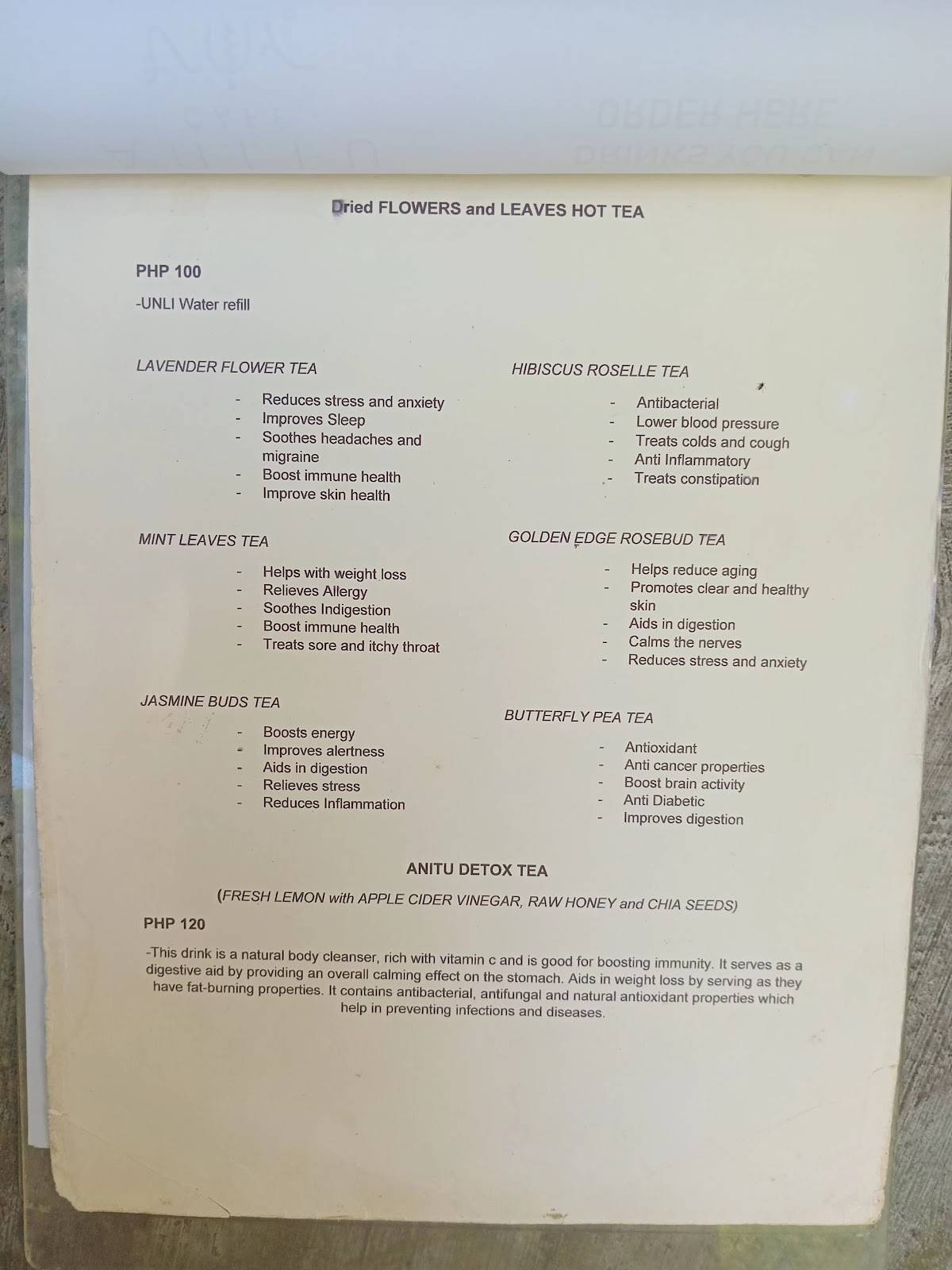 Menu at Anitu Café, Zarraga