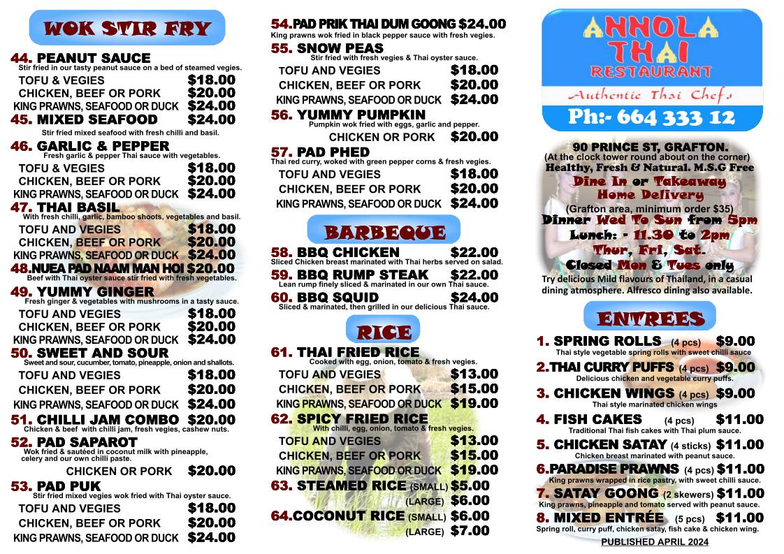 Menu at Annola Thai Restaurant, Grafton