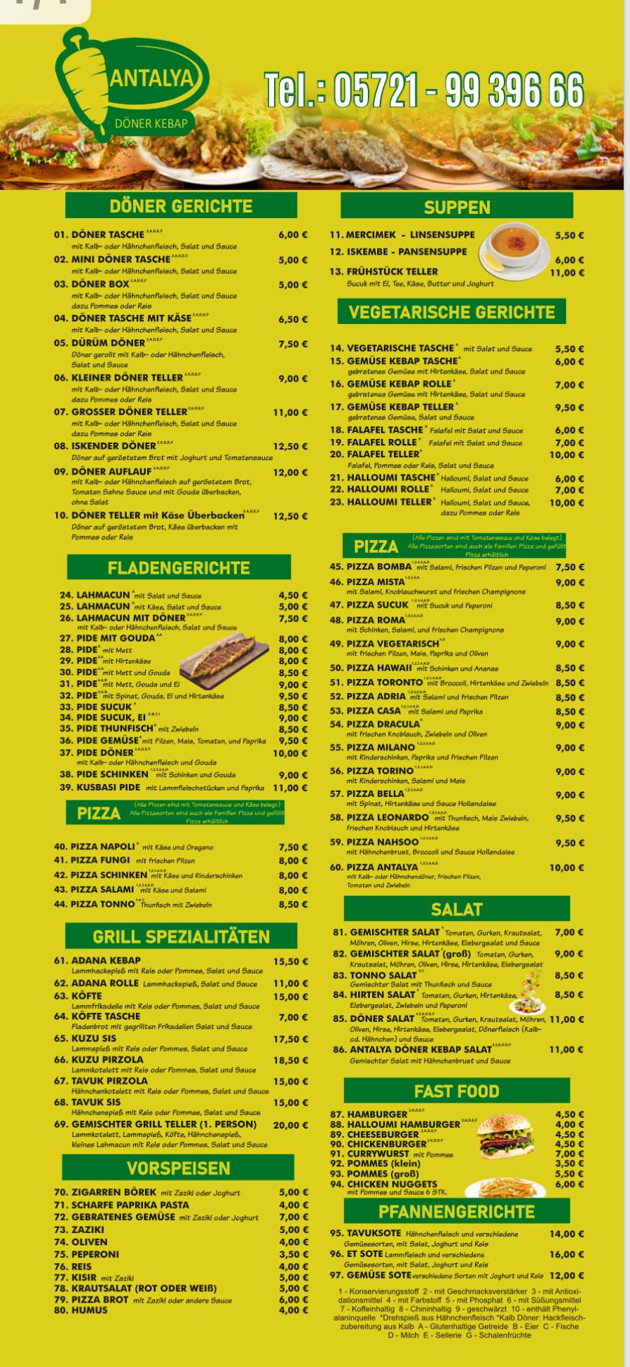 Speisekarte von Antalya Döner Kebap restaurant, Stadthagen