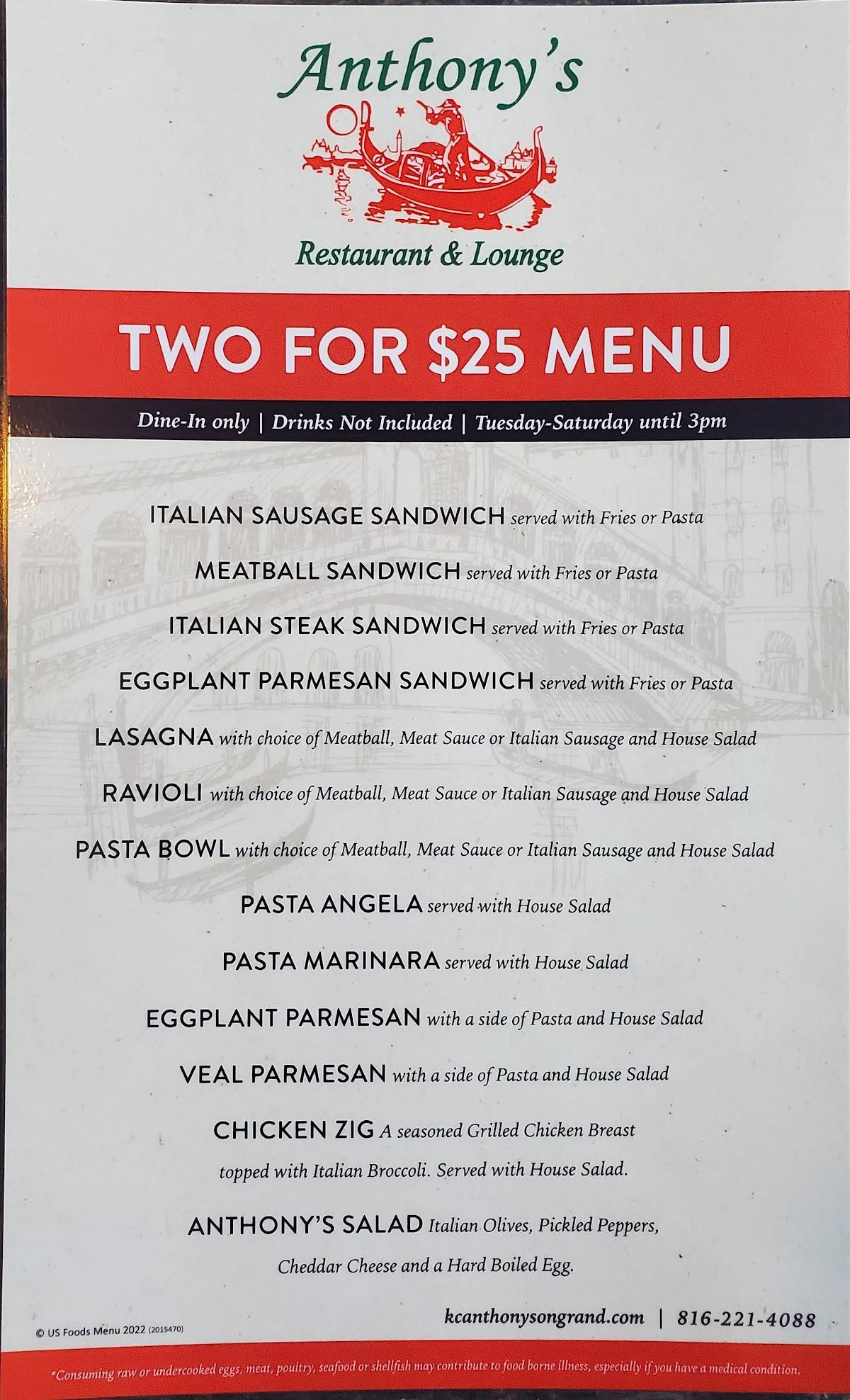 Menu at Anthony's Restaurant & Lounge, Kansas City, 701 Grand Blvd