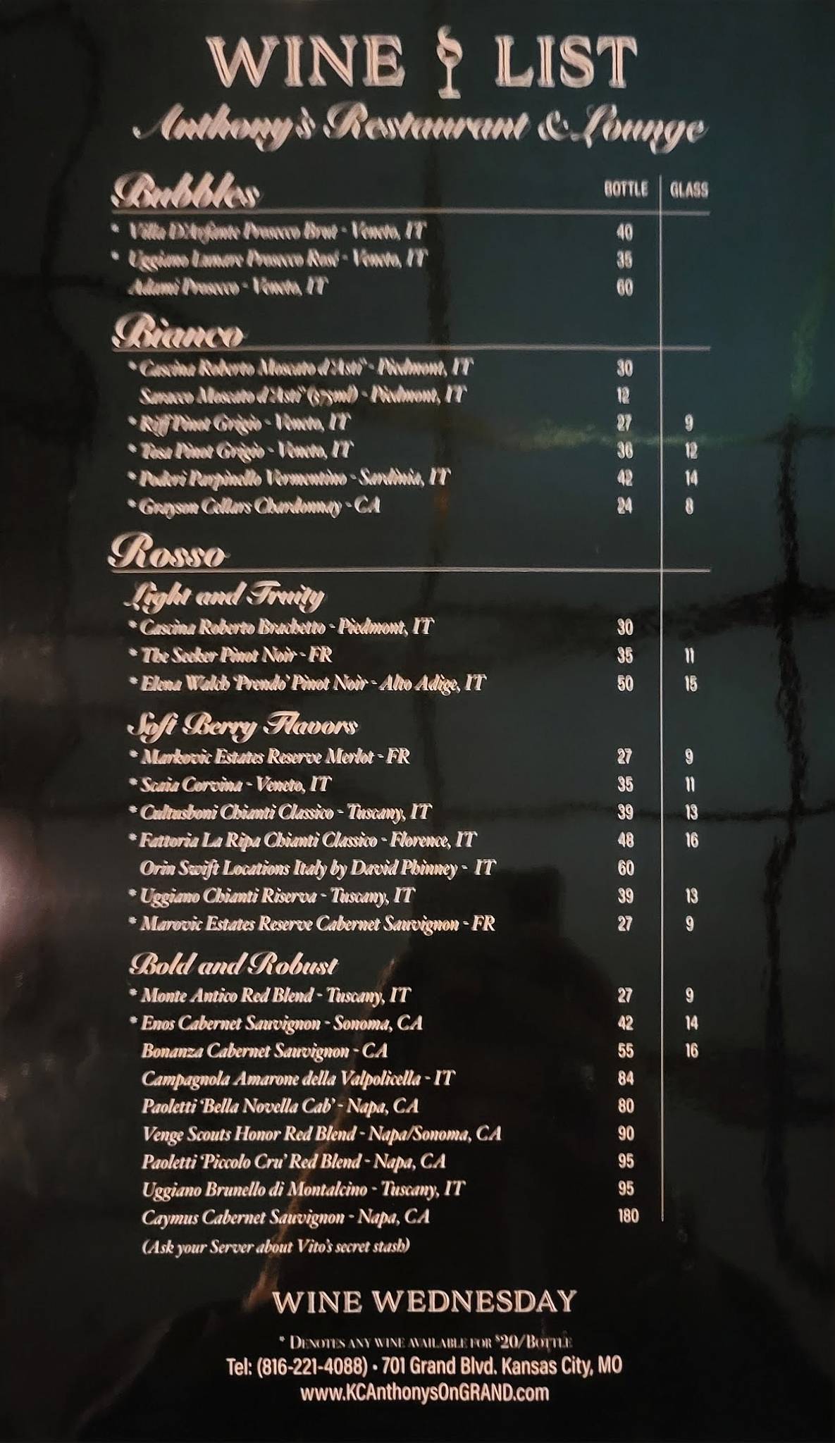 Menu at Anthony's Restaurant & Lounge, Kansas City, 701 Grand Blvd