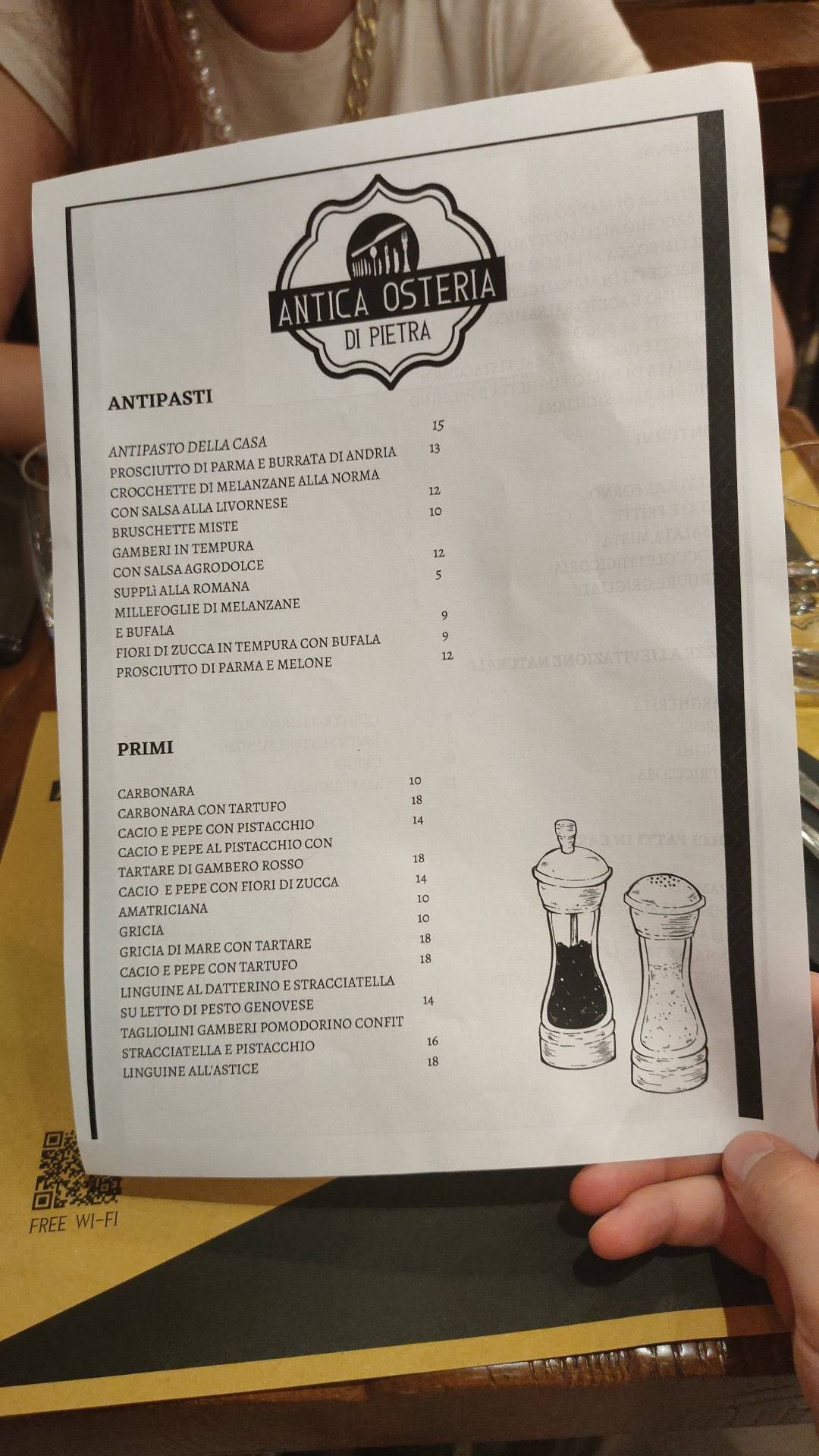 Menu at Antica Osteria di Pietra restaurant, Rome