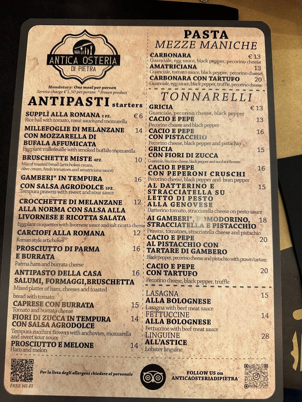Menu at Antica Osteria di Pietra restaurant, Rome