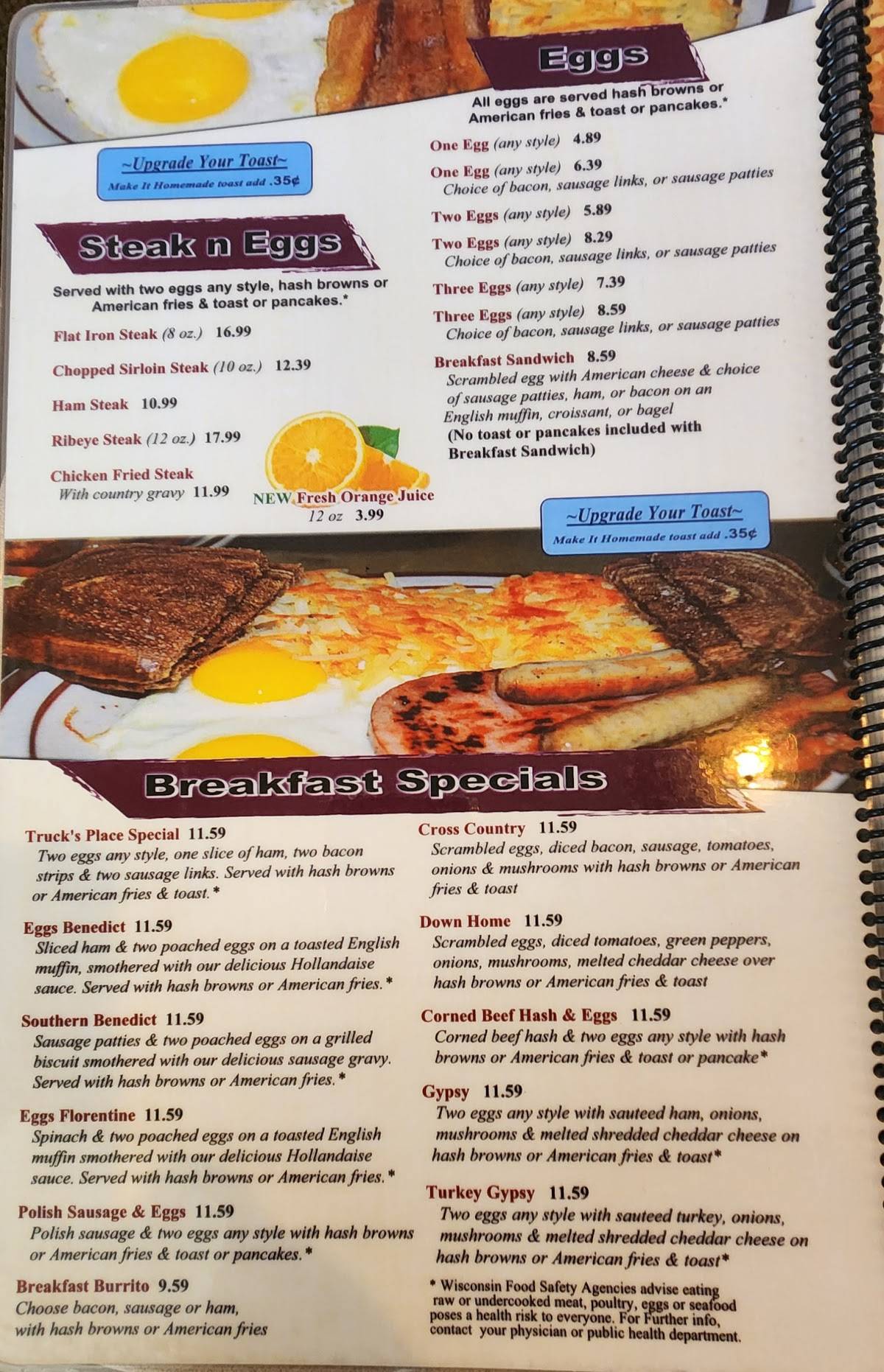 Menu at Truck's Place Restaurant Antigo, Antigo