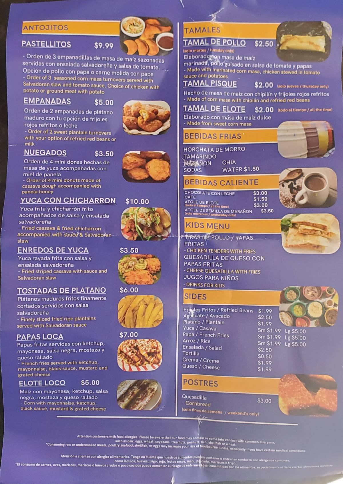 Menu at Antojitos Salvadoreño Isabel restaurant, Montgomery Village