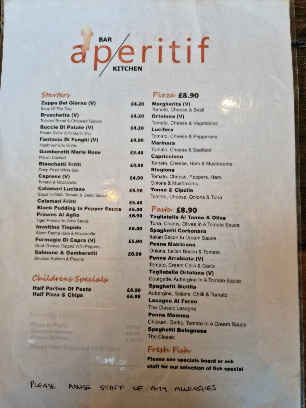 Menu at Aperitif restaurant, Sunderland
