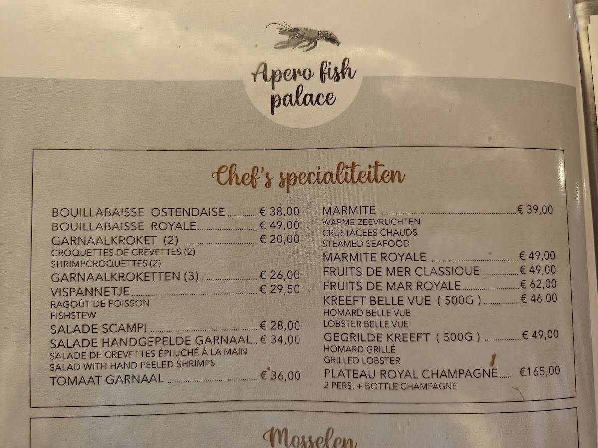 Speisekarte von Apero Fish Palace, Ostende, Nieuwstraat 5