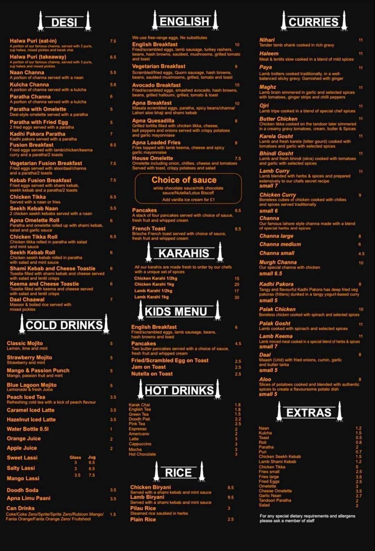 Menu at Apna Lahore restaurant, Birmingham