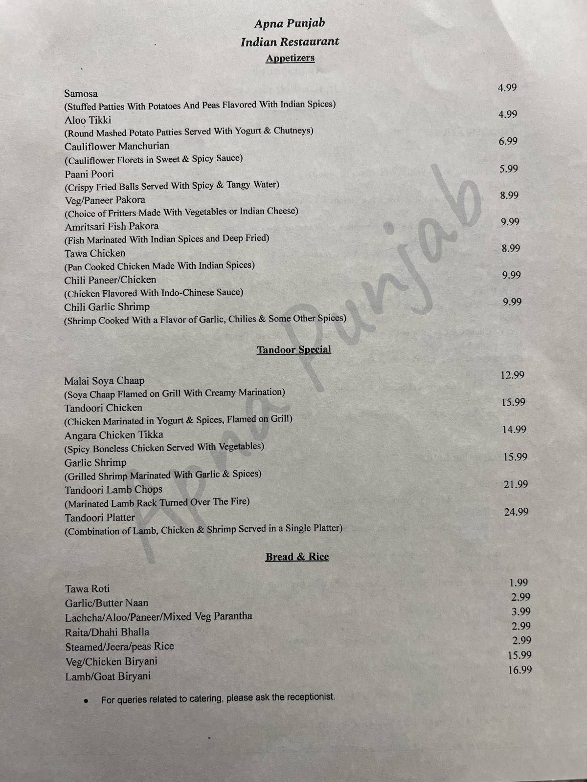 Menu at Apna Punjab restaurant, Chowchilla