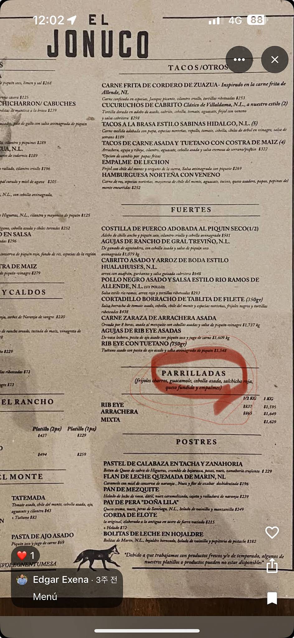Carta del restaurante El Jonuco, Apodaca