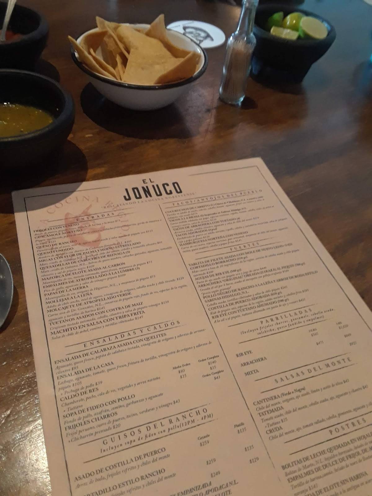 Carta del restaurante El Jonuco, Apodaca