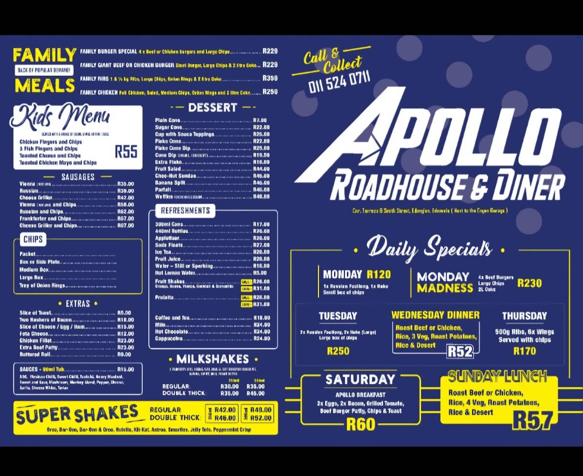 Menu at Apollo Roadhouse and Diner restaurant, Edenvale