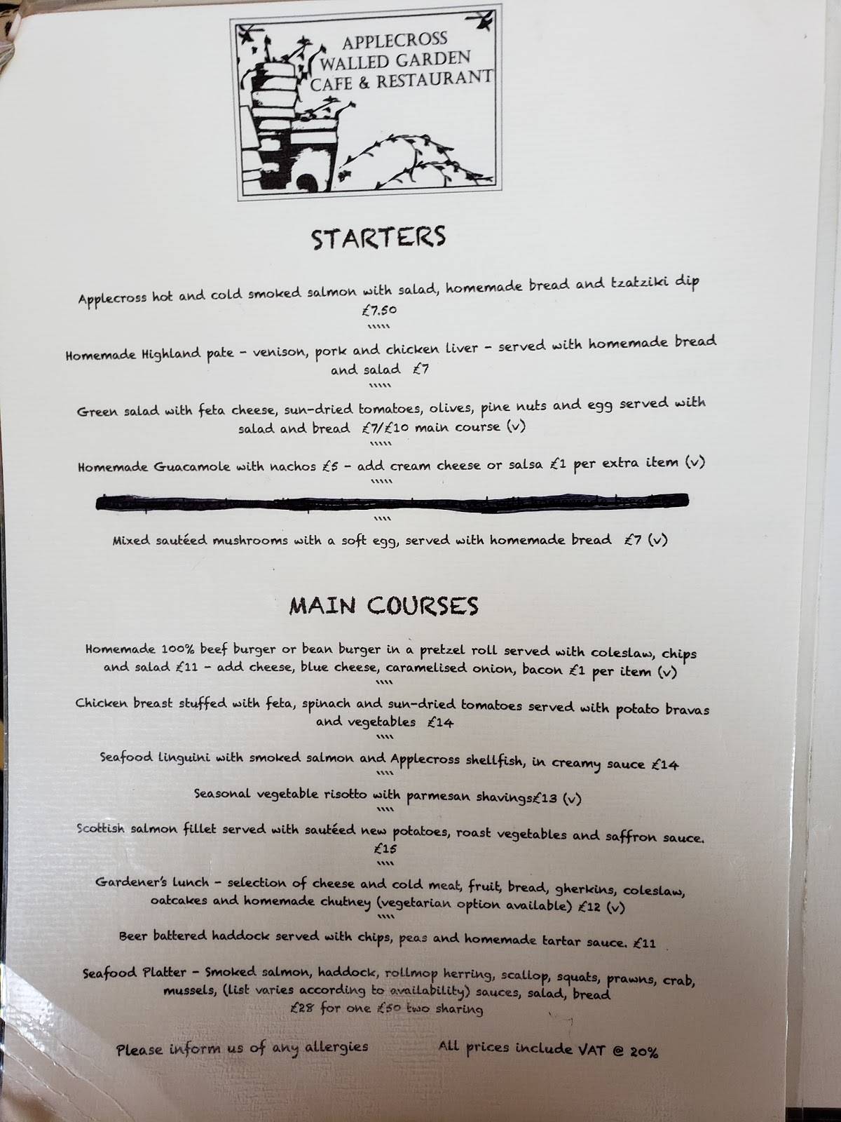 Menu at Applecross Walled Garden restaurant, Applecross