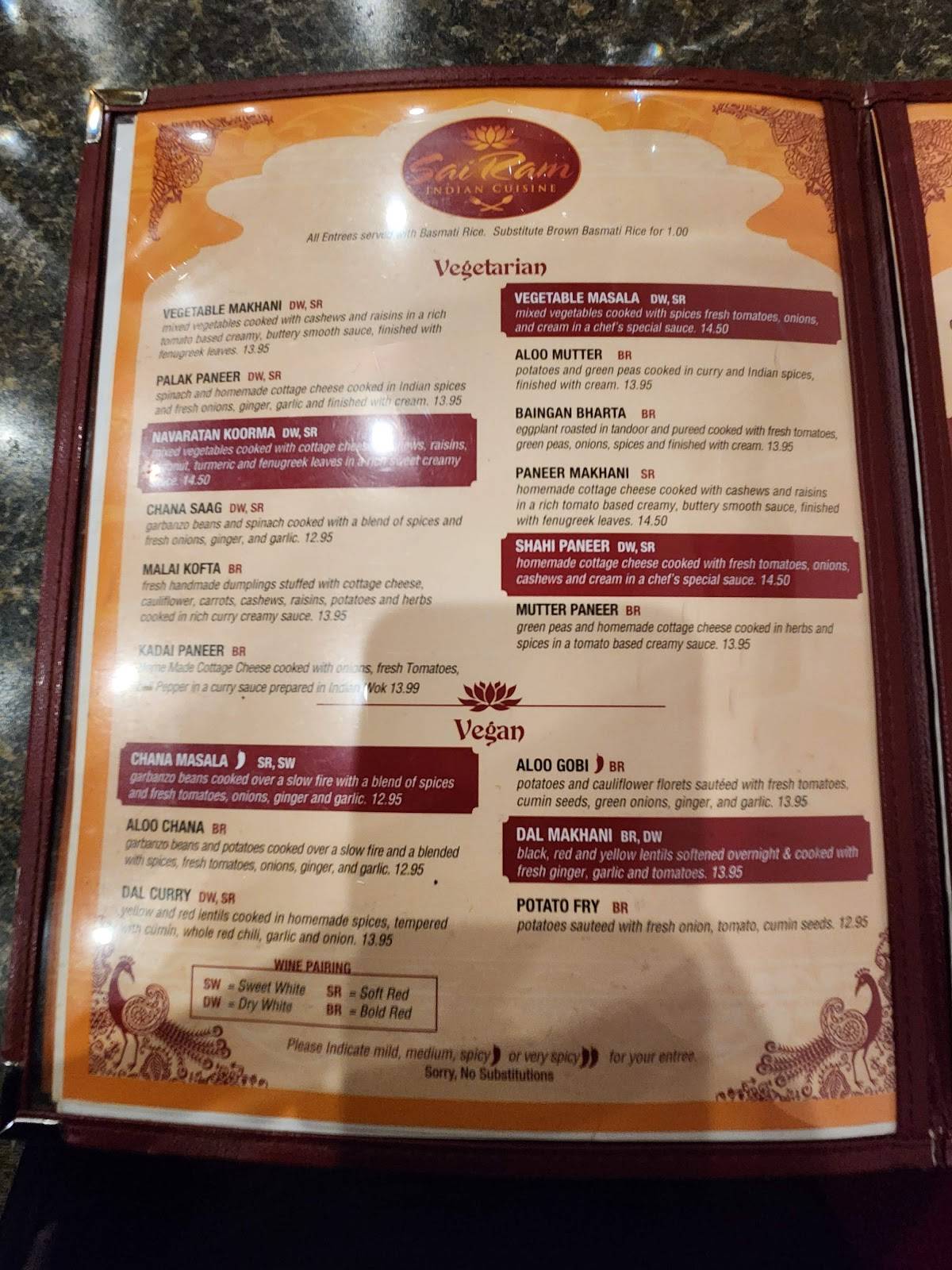 Menu at Sai Ram Indian Cuisine restaurant, Appleton