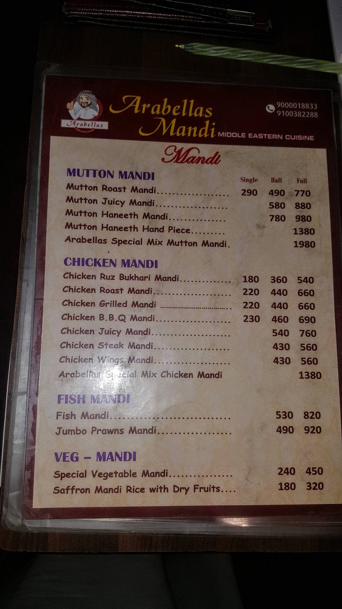 Menu at Arabellas Mandi, Hyderabad