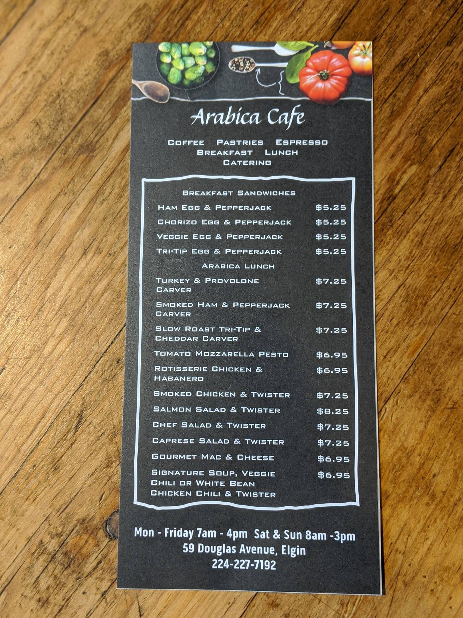 Menu at Arabica Cafe, Elgin
