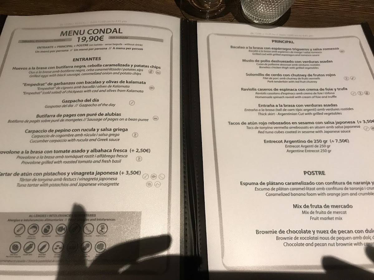 Menu at Arcano Restaurant, Barcelona