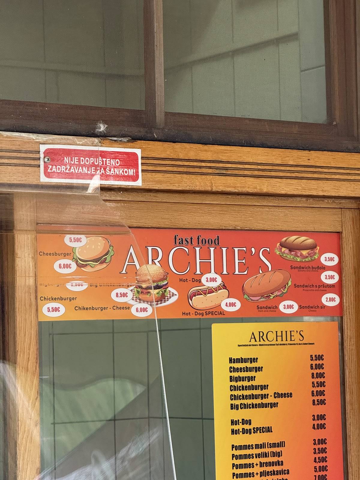 Menu at Archie's restaurant, Ika