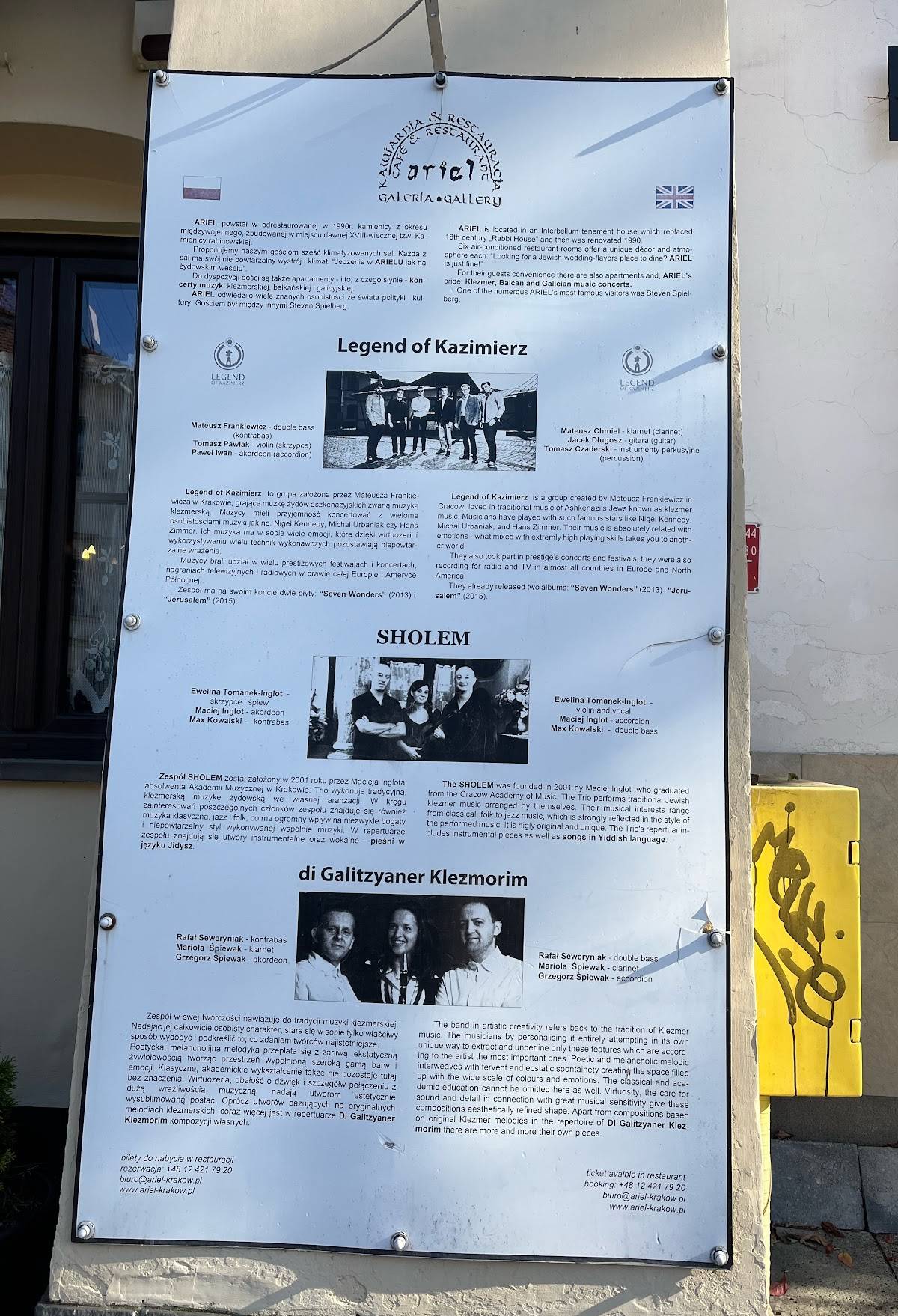 Menu at Ariel restaurant, Kraków, Szeroka 17/19