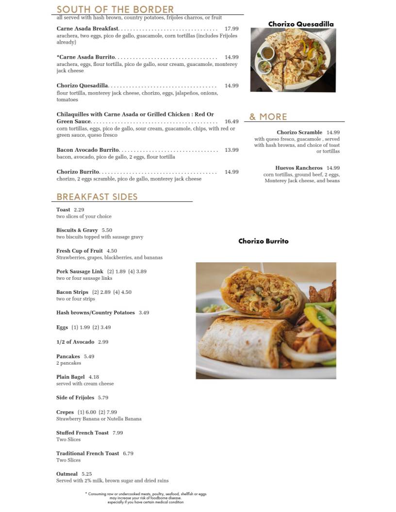 Menu at Arnie's Cafe, Reno