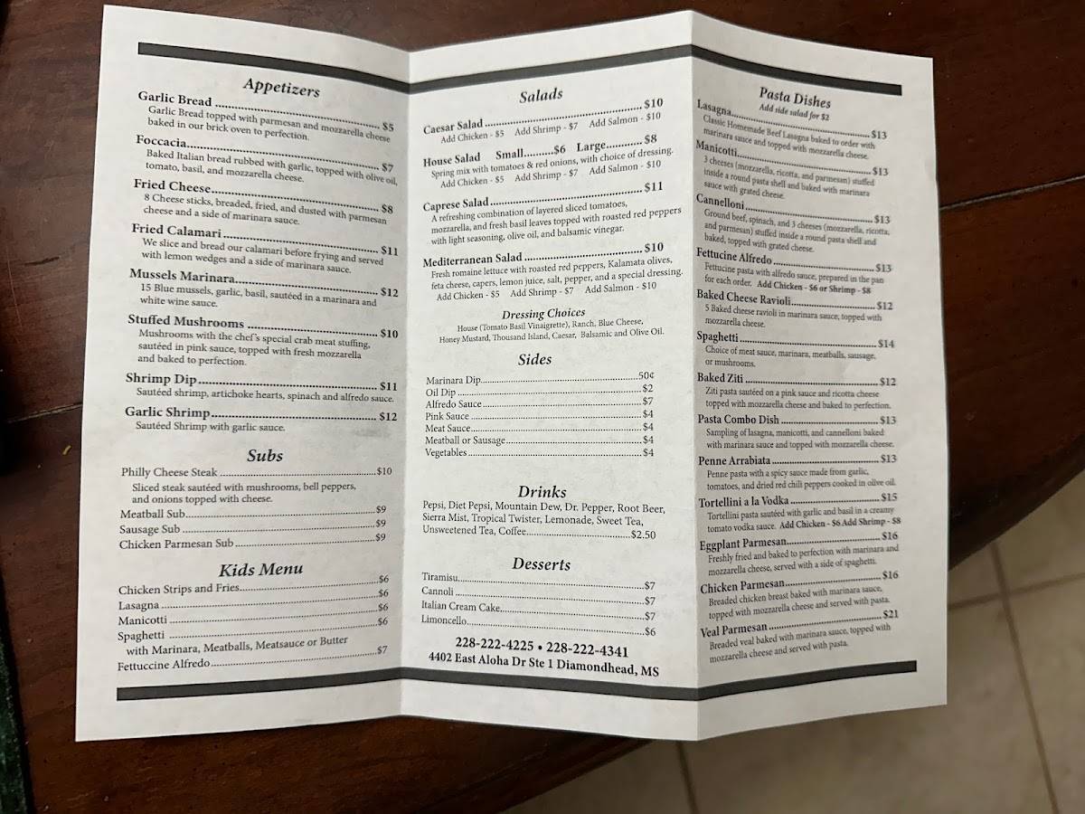 Menu at Aroma restaurant, Diamondhead