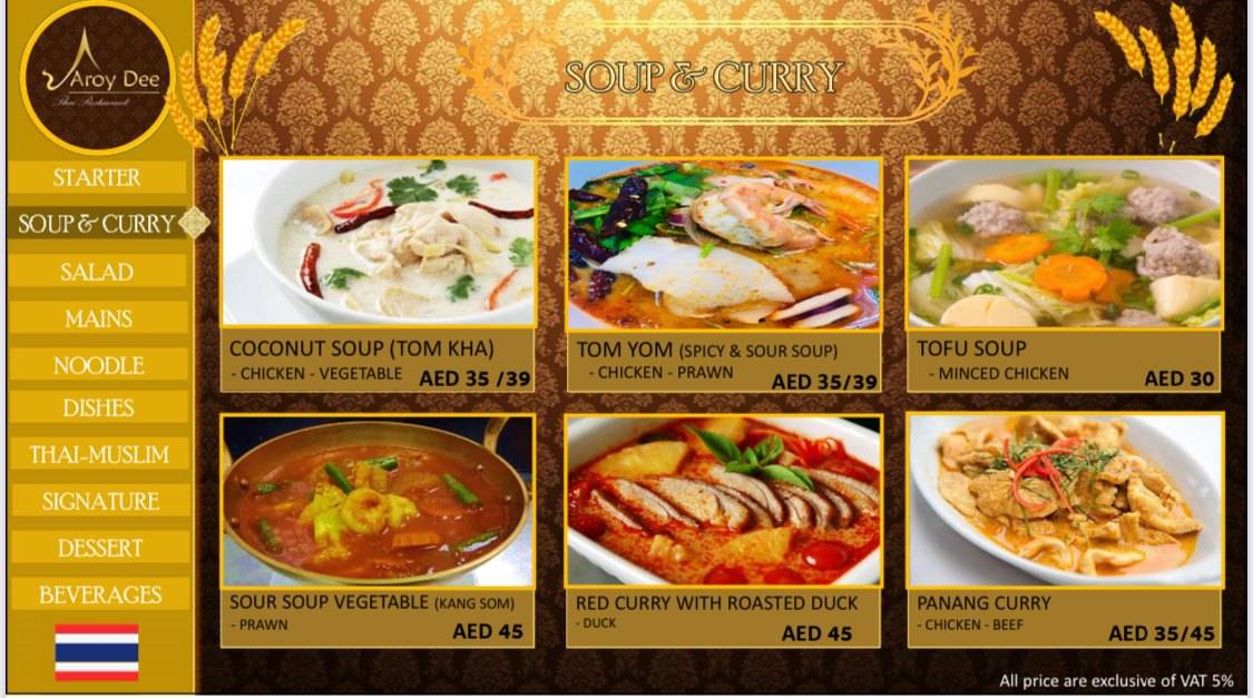 Menu at Aroy Dee Thai Restaurant, Abu Dhabi