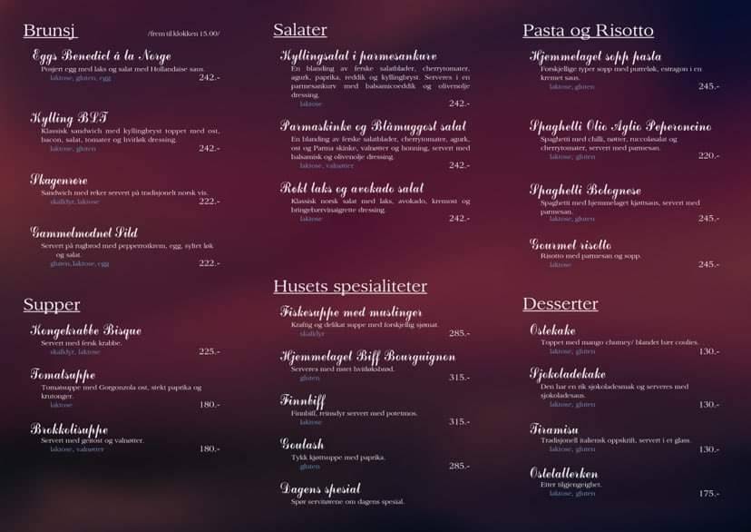 Menu at Art Café Bistro cafe, Tromsø
