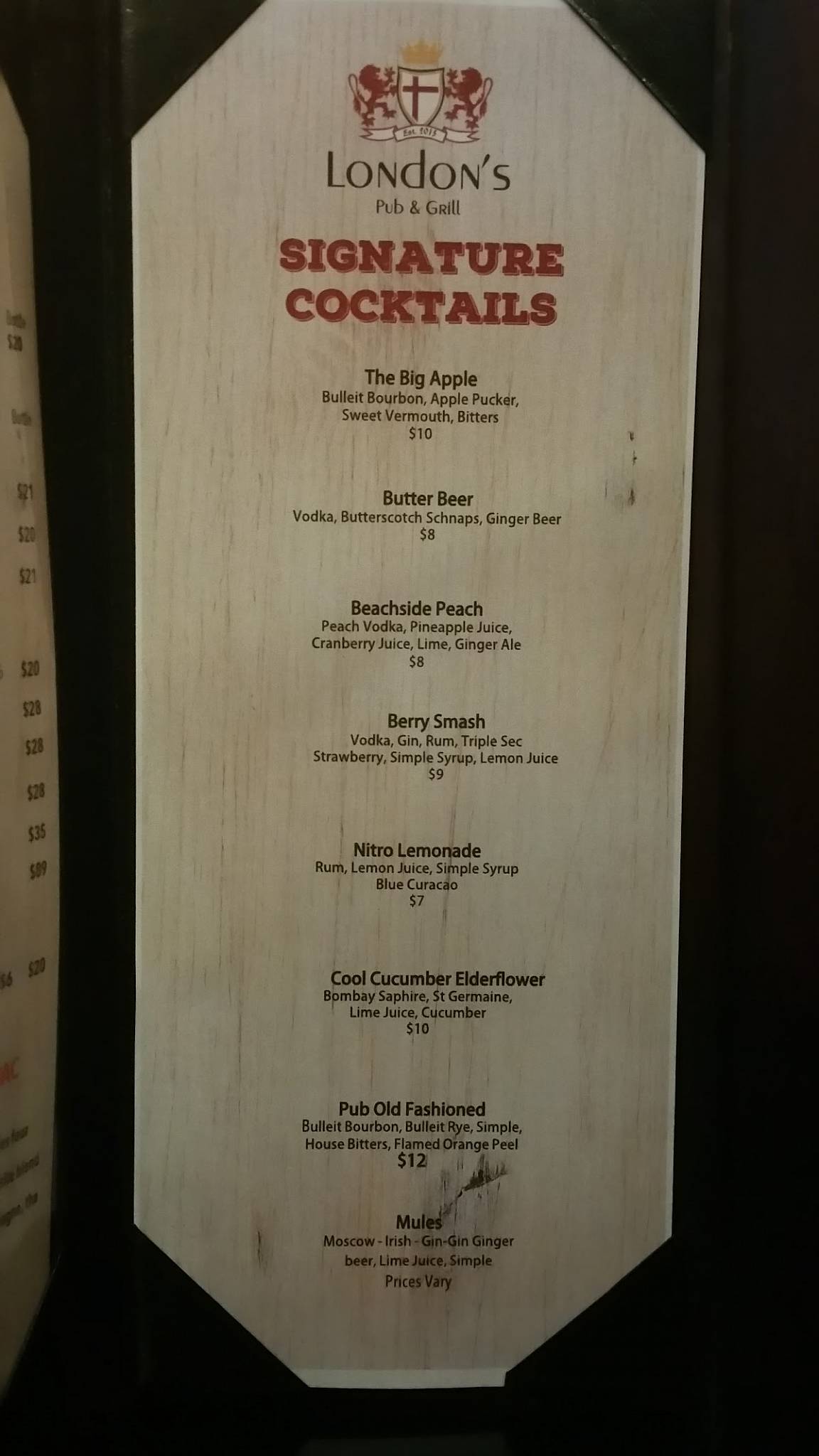 Menu at London's Pub & Grill, Artesia
