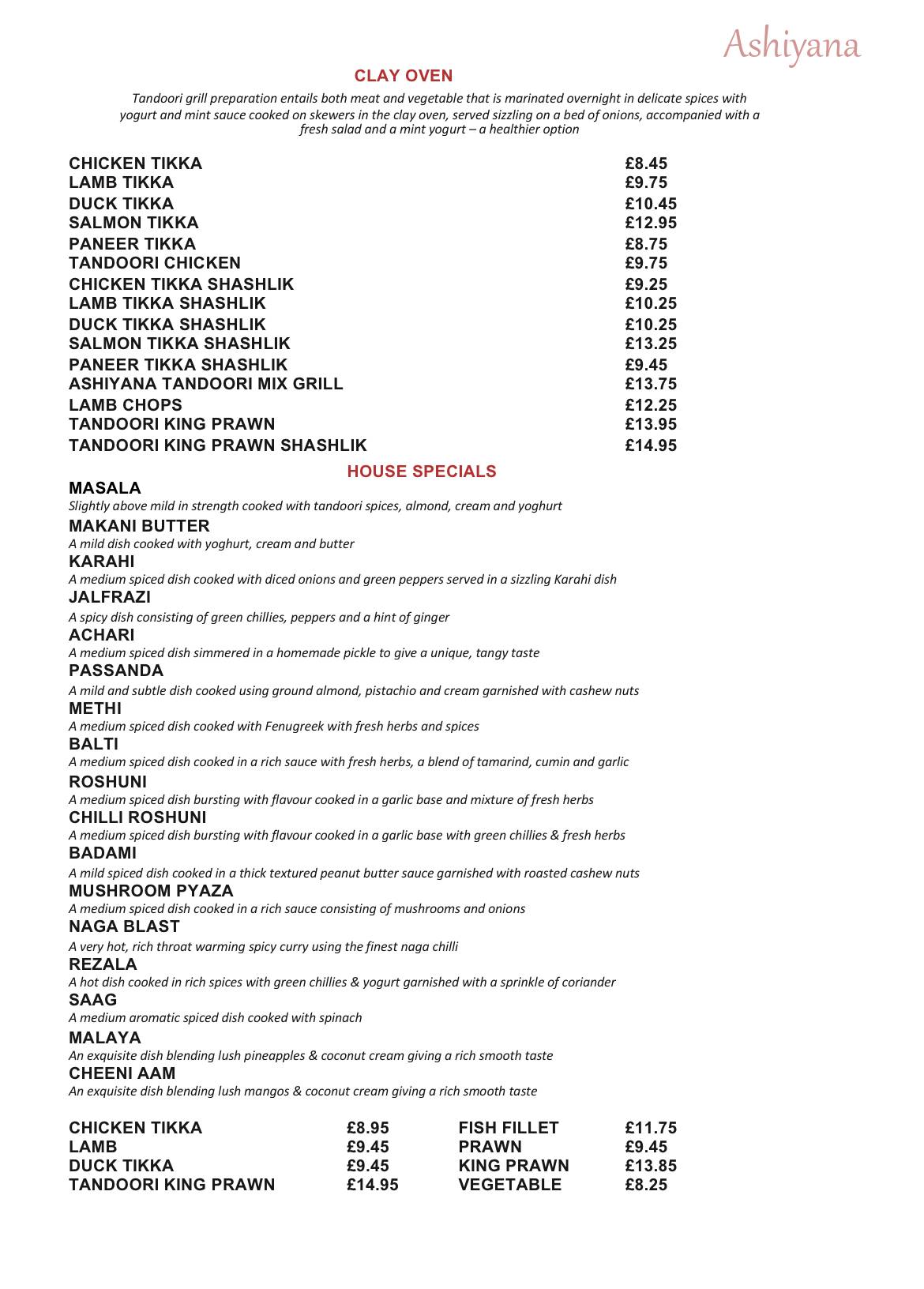 Menu at Ashiyana restaurant, Luton