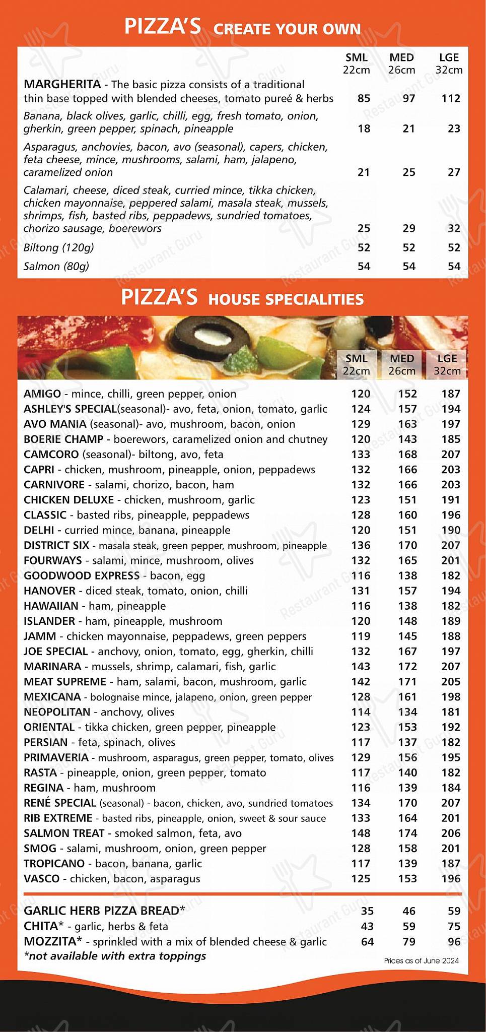 Menu at Ashley's Family Restaurant Pizza Take Aways, Cape Town