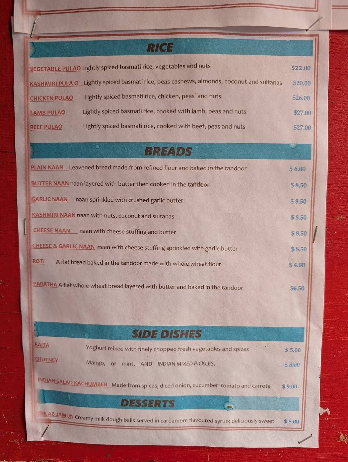 Menu at Ashraf's restaurant, Wanaka
