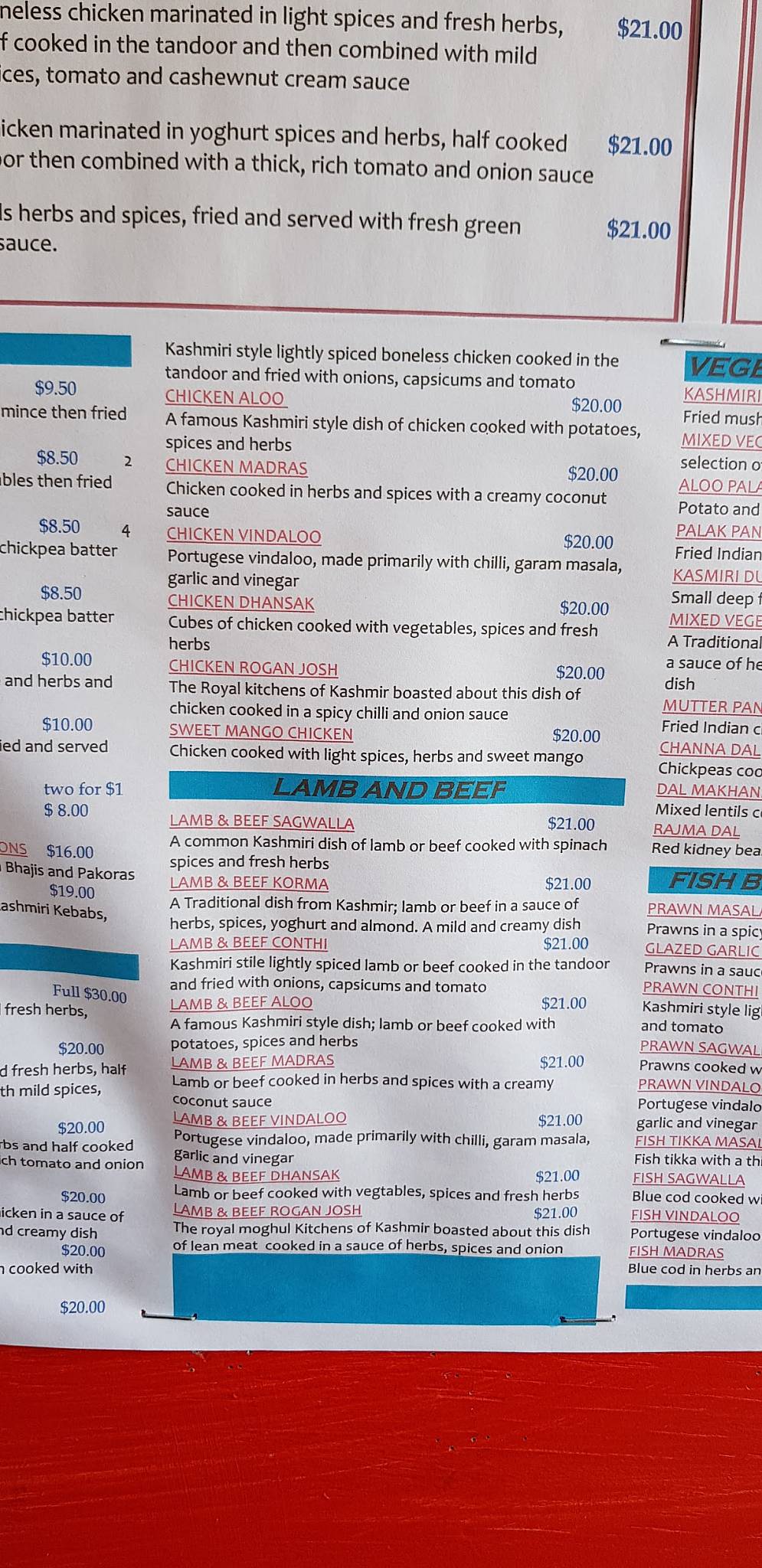 Menu at Ashraf's restaurant, Wanaka
